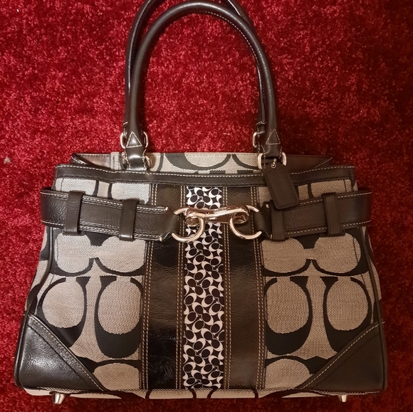 Coach | Bags | Coach Black Canvas Leather Hampton Carryall Signature ...